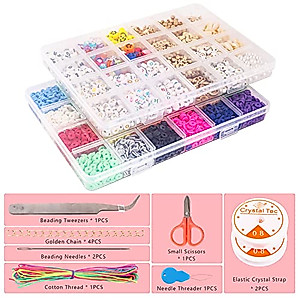 JOJANEAS Clay Beads for Bracelet Making Kits, 24 Colors 7200 Pcs Flat Round Polymer Heishi Beads, A-Z Smiley Letter Beads, Strings for Jewelry Making Kit Bracelets Necklace Gift for Girls 6-12