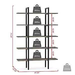 Teraves 5-Tier Bookshelf Wood Bookcase with Metal Frame Book Shelf Organizer Storage Display Shelves Russtic Wood and Metal Shelving Unit (Boak)