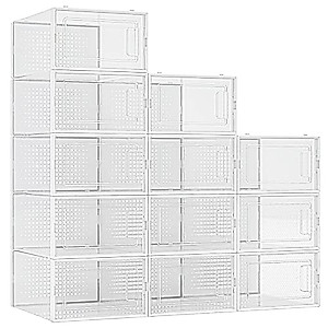 QualiapeX Medium Shoe Storage Boxes, Clear Plastic Stackable Shoe Organizer, Foldable Storage Bins Shoe Container Box, White 12 Pack