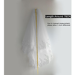Edith qi 2 Tier Lace Silver Lined Beaded Edge Fingertip Length Bridal Wedding Veil,White,Free Size