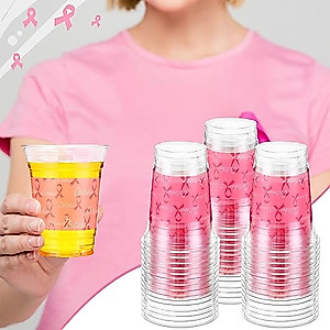 Nuenen 72 Pcs 12 oz Breast Cancer Awareness Clear Disposable Plastic Cups Pink Ribbon Breast Cancer Decorations for Believe Hope Ribbon Printed Party Drinking Cups for Tableware Supply (Pink)