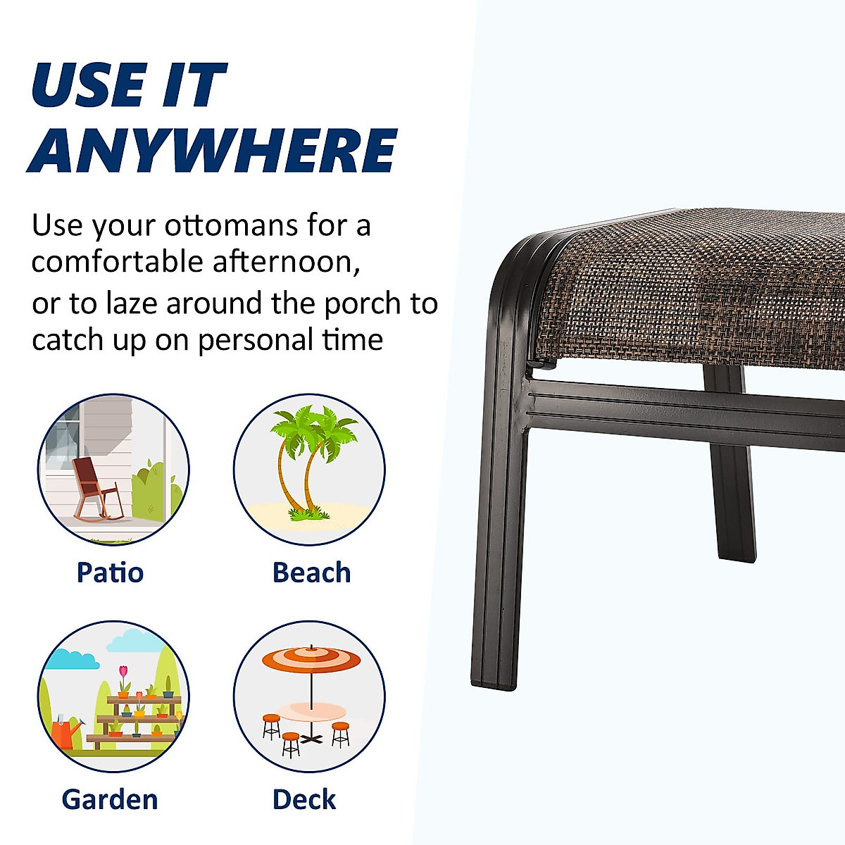 Deugold Outdoor Patio Foot Rest Ottoman Seat Textilene Portable Metal Footstool Portable Patio Chairs 2 Set Brown