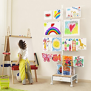 Bikoney Art Display for Kids Artwork-(30 Clips -Total 12ft Wire)-Kids Art Display-Art Drying Rack-Floor Picture Hanging System Kit for Drawing/Photo/Card/Picture Collage Display