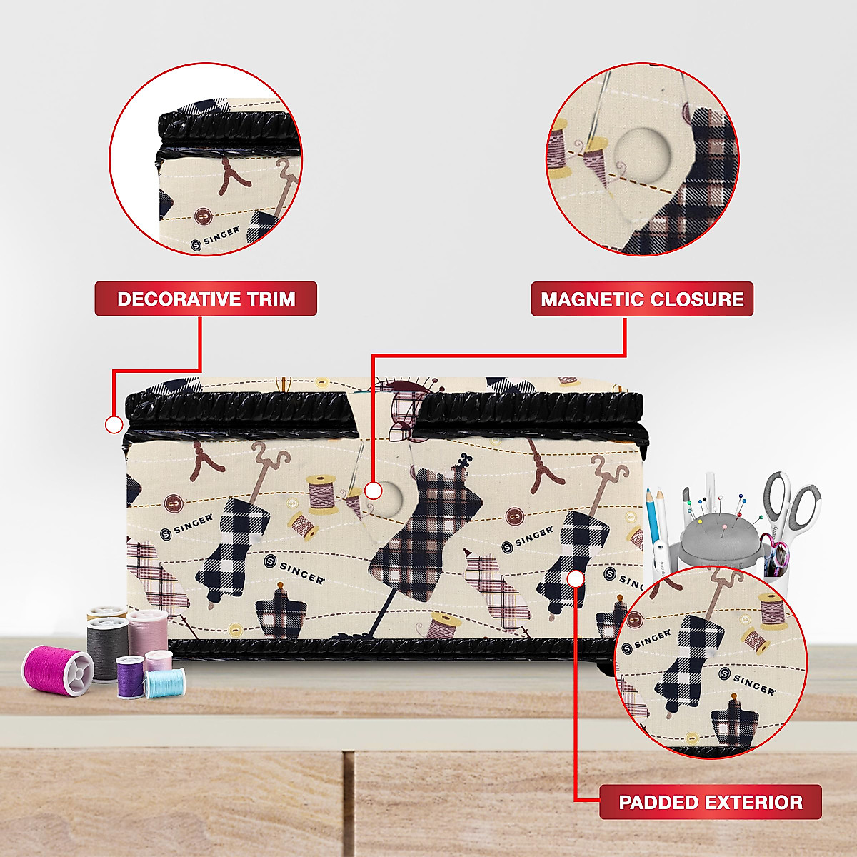 SINGER Sewing Basket with Sewing Kit, Needles, Thread, Scissors, and Notions (Plaid Forms Print)