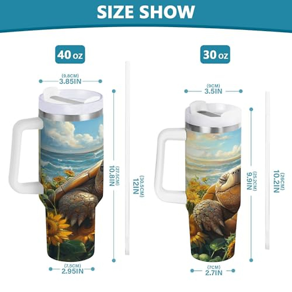 Slewiaeky Tumbler with Handle 40 oz Turtle Ocean Kawaii Travel Mug with Lid and Straw Sunflower Stainless Steel Vacuum Insulated Water Bottle Cup for Iced Tea Coffee Cold Beverages Cup Holder Friendl