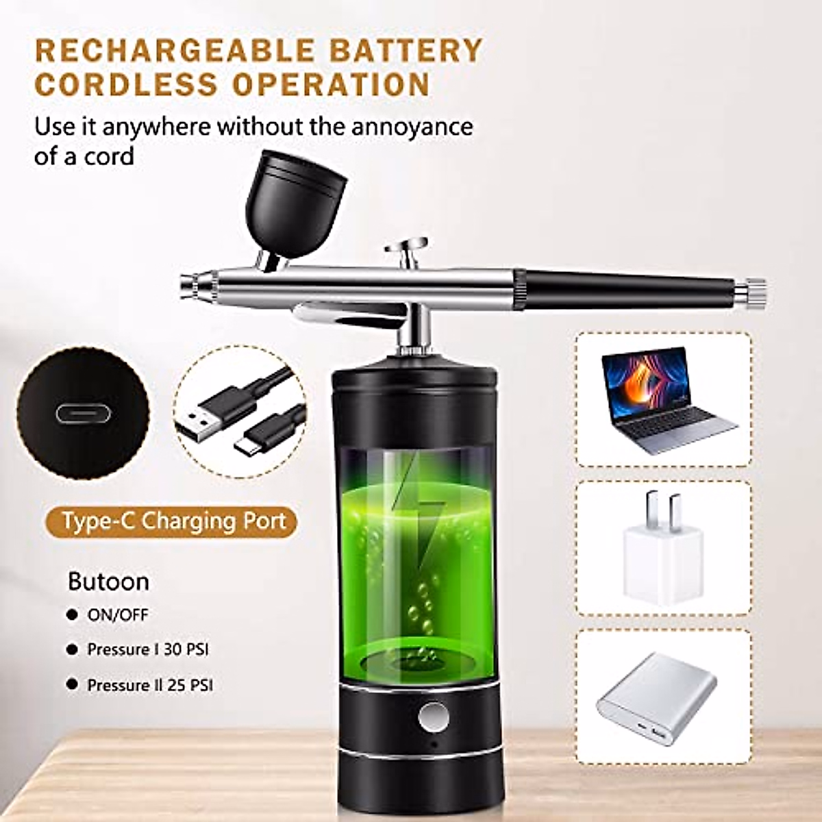 Airbrush Kit Rechargeable Cordless Airbrush Compressor, 30PSI High Pressure,Portable Handheld Airbrush Gun, Airbrush Set Wireless Air Brush for Model Painting,Makeup,Barber, Nail Art