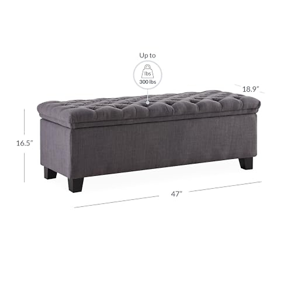 BELLEZE 47 Inch Mid Century Modern Storage Ottoman, Rectangular Lift Top Button Tufted Linen Bench Footstool for Living Room or Bedroom Furniture - Tiara (Gray)