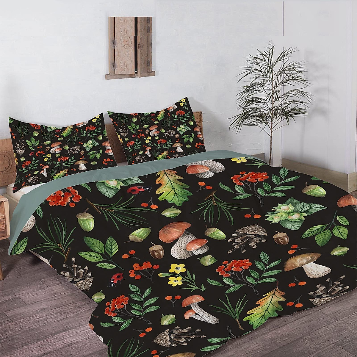 Darani Dark Wild Forest Mushrooms Duvet Cover Queen 90 x 90 in Ultra Soft Washed Microfiber Comforter Cover Sets 3 Pieces (1 Duvet Cover + 2 Pillow Shams)