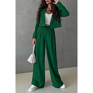 PRETTYGARDEN Women's 2 Piece Casual Outfits Cropped Blazer Jackets High Waisted Wide Leg Work Pants Suit Set (Green,Medium)