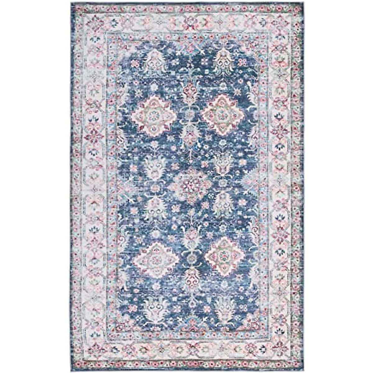 Safavieh Tucson Collection Machine Washable Slip Resistant 5' x 8' Navy/Beige TSN196N Vintage Persian Distressed Living Room Dining Bedroom Area Rug