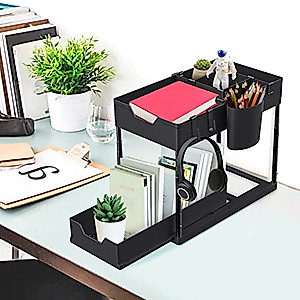 Under Sink Organizers and Storage, 2 Tier Sliding Under Cabinet Organizer with Adjustable Height, Multi-purpose Under Sink Kitchen Bathroom Organizer and Storage with Hook, Hanging Cup, Dividers