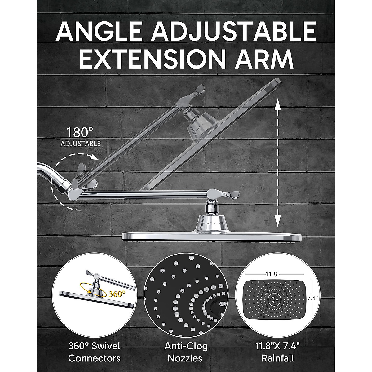 Veken Rain Shower Head, 11.8 Inch Large Rectangular Rainfall Showerhead, Adjustable Stainless Steel 11 inch Extension Arm, Detachable Waterfall Rain Fall Showerheads with Anti-Clog Nozzles, Chrome