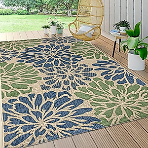 JONATHAN Y SMB110B-8 Zinnia Modern Floral Textured Weave Indoor Outdoor Area-Rug Bohemian Coastal Easy-Cleaning Bedroom Kitchen Backyard Patio Non Shedding, 8 X 10, Navy/Green