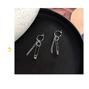 Safety Pin Chain Tassels Dangle Earrings Punk Silver Pin Dangle Earring with Hoop Jewelry for Men and Women (Silver)
