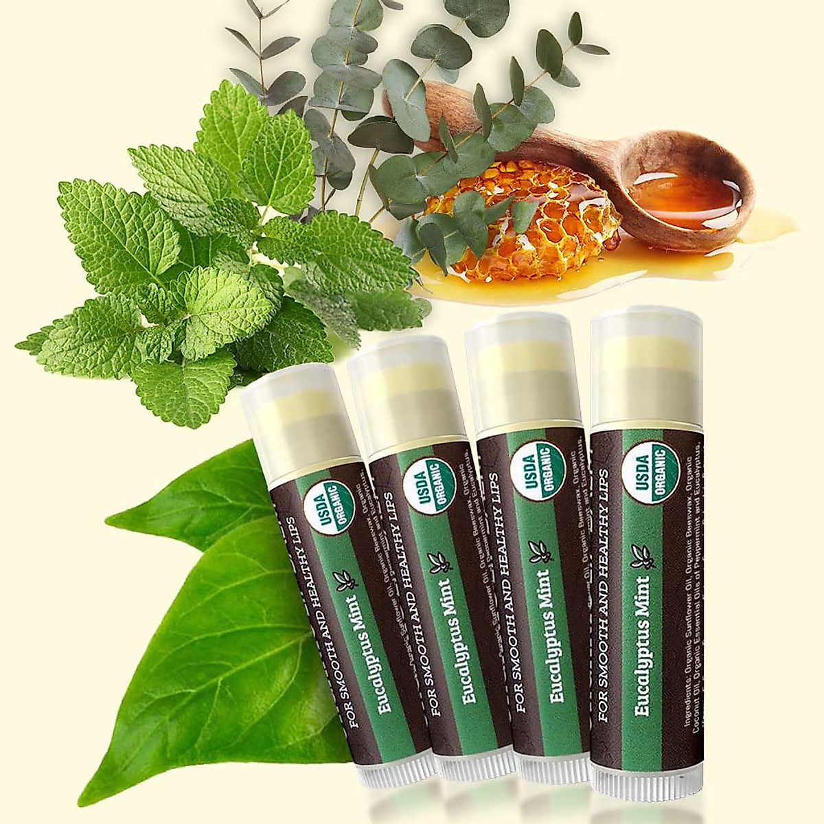 USDA Organic Lip Balm 4-Pack by Earth's Daughter- Eucalyptus Mint Flavor, Beeswax, Coconut Oil, Vitamin E - Best Lip Repair Chapstick for Dry Cracked Lips.