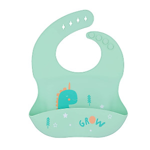 myHomeBody Waterproof Baby Bibs, Baby Bib Catcher, Baby Bib with Food Catcher, Baby Bibs Reusable, Cute Baby Bibs Silicone, Green Dinosaur, 1pc