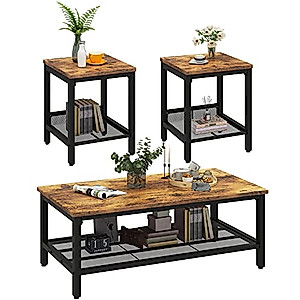 Lamerge 3 Pieces Living Room Table Set, Industrial Coffee Table with 2 Square End Side Tables, Coffee Table Set with Metal Frame for Apartment Home Office, Rustic Brown
