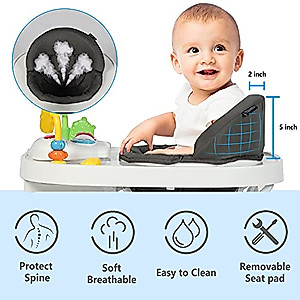 Kinder King 3 in 1 Folding Baby Walker, Activity Walker for Boys Girls, Learning-Seated, Toddler Walk-Behind w/Music Toys, Adjustable Height & Speed, Safety Bumper, Infant Walker Anti-Rollover, Grey