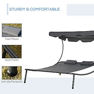 Outsunny Patio Double Chaise Lounge Chair, Outdoor Wheeled Hammock Daybed with Adjustable Canopy and Pillow for Sun Room, Garden, or Poolside, Grey