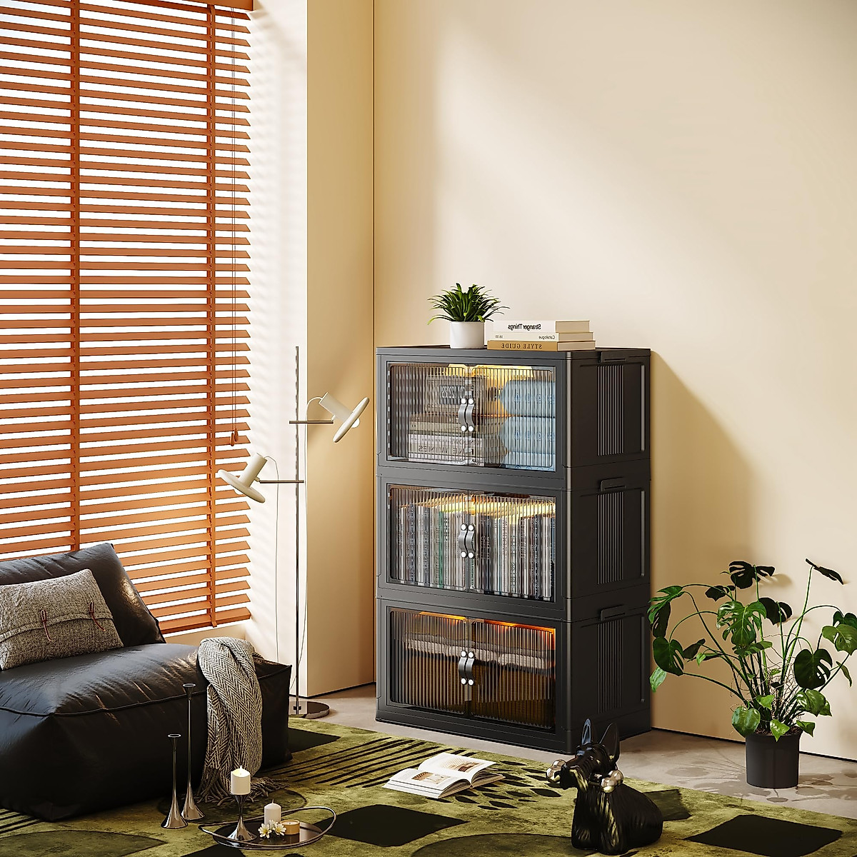 SAILUN Stackable Storage Bins Folding Collapsible Storage Bins with Lid, Closet Organizers and Storage, Storage Box with Door Black (26" W x 17" D x 43.7" H)