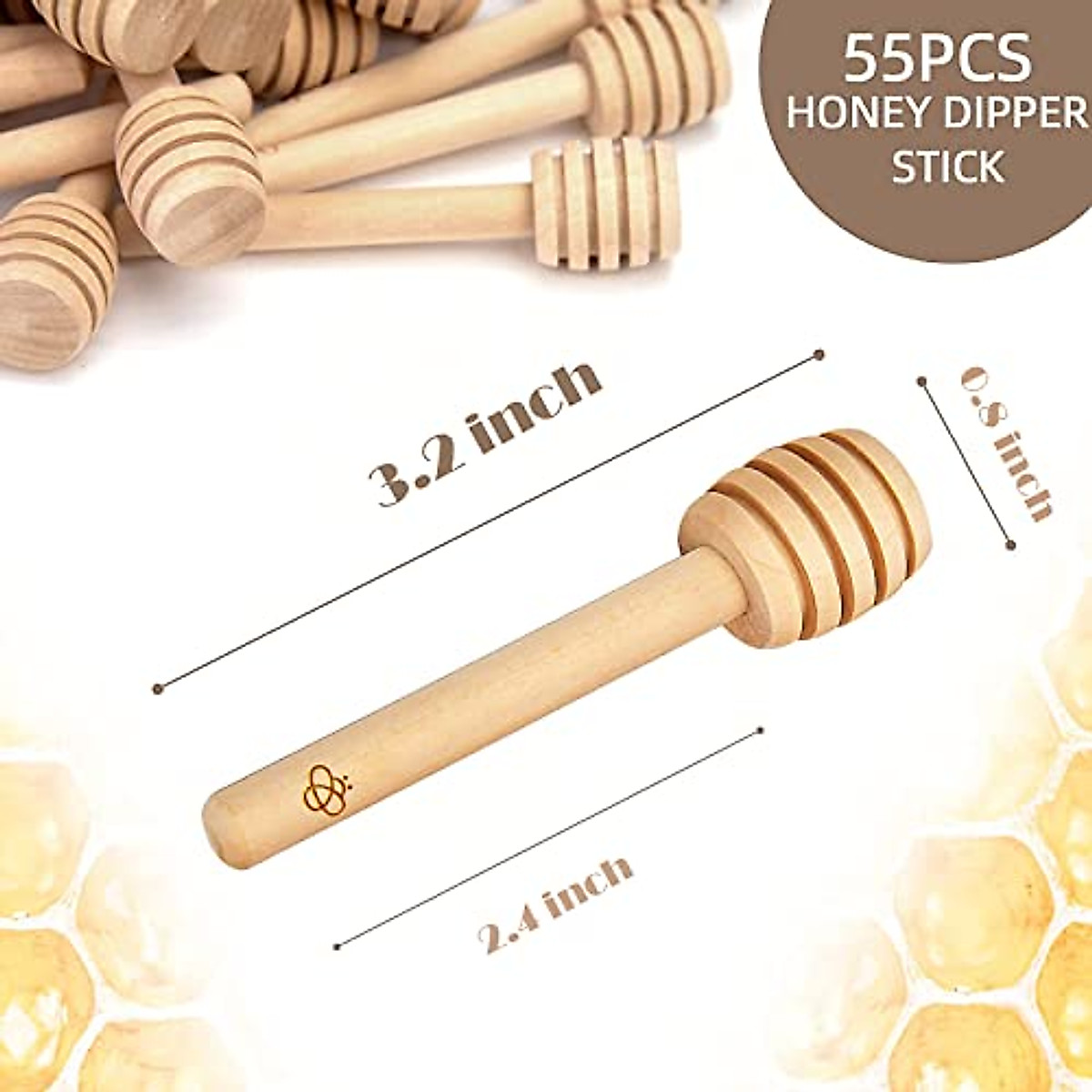 HANSGO Mini Honeycomb Stick, 55 PCS Wooden Honey Dipper Honey Wand Bee Pattern Stirrers for Honey Syrup Jam Viscous Liquid Wedding Party Favors, 3.2 Inches