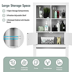 LOKO Over The Toilet Storage Cabinet, 2-Door Tall Bathroom Organizer w/ 4 Open Compartments & Adjustable Shelves, Modern Simple Toilet Space Saver, Ideal for Bathroom Laundry Balcony (White)