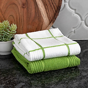 T-Fal Textiles Kitchen Towels 2-Pack Parquet, Solid/Check - 2 Pack, Green, 2 Count