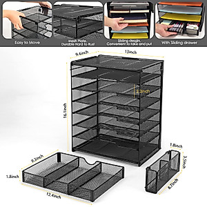 VEESUN Desk Organizer 8-Tier，Paper Organizer Letter Tray With Sliding Drawer And Pen Holder, Desk File Document Organizer Shelf And Sorter, Black For School Home Office