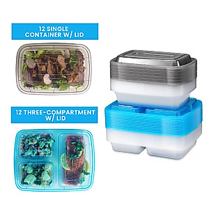 Food Storage Containers With Lids - (24 Pack-32 Oz) 12- 3 Compartment Meal Prep Containers Reusable Or Disposable & 12- Single Food Storage Bento Boxes, Bpa Free, Microwave, Freezer, Dishwasher Safe