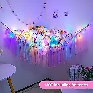 Unicorn Castle Stuffed Animals Hammock Net Kids Toy Storage With Led Light Stuffed Animals Holder Coner Hanging Toy Organizer For Nursery Kids Cute Room Decor