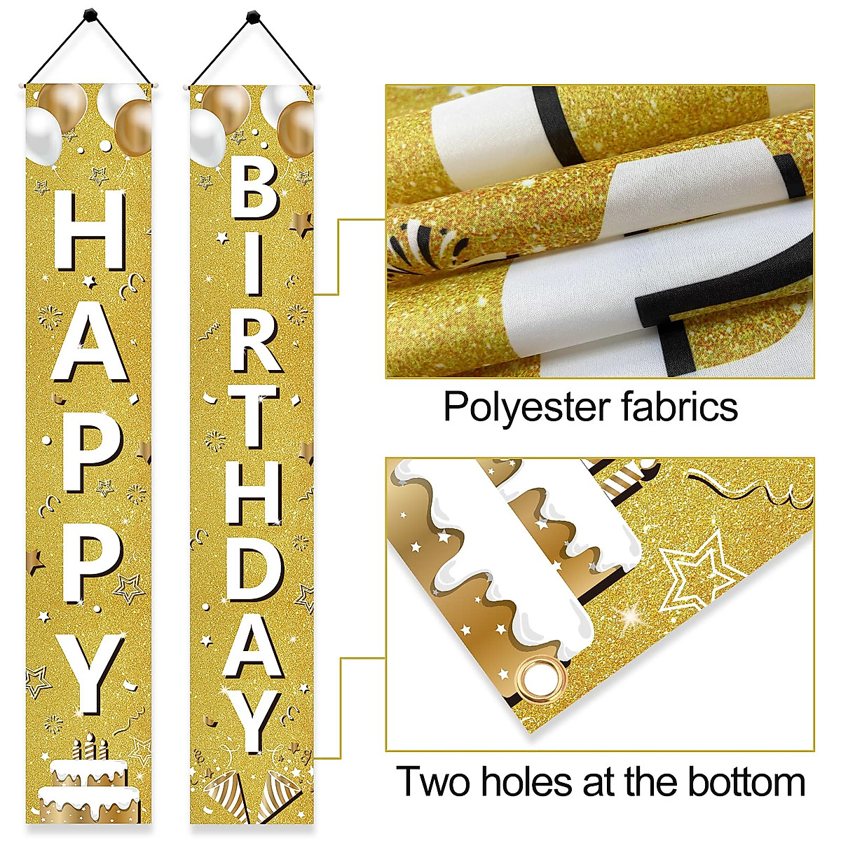 Gold White Happy Birthday Door Banner Decorations for Women Men, Golden Happy Birthday Porch Sign Party Decoration, White Gold 10th 16th 21st 30th 40th 50th 60th Bday for Outdoor Indoor