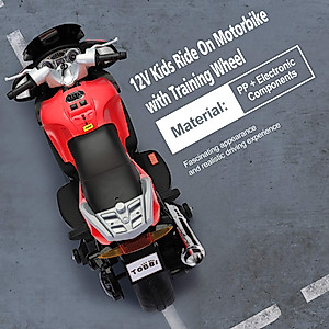 TOBBI 12V Kids Ride On Electric Motorcycle, Toddler Dirt Bike Training Wheels, Battery Powered Motorbike for Kids with LED Lights/Music/USB/Pedal, Ideal Gift for Children Boys Girls-Red