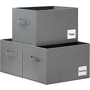 ASXSONN Large Fabric Storage Bins 3 Pack, Collapsible Closet Storage Bins for Shelves with Label, 15x11in Storage Baskets for Shelves, Fabric Closet Organizers and Storage Bins with Handles (Grey)