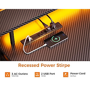 ODK 59" L Shaped Gaming Desk with Power Outlet and LED Lights, PC Gaming Table with USB Ports, Reversible L Shape Desk with Storage Shelves & Monitor Stand, Home Office Desk, Black Carbon Fiber