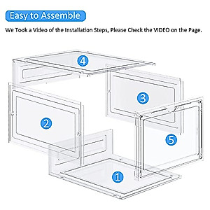 Yukui LLc Large Clear Shoe Boxes Stackable,6 Pack Hard Plastic Shoe Storage Boxes with Magnetic Door,Drop Front Shoe Organizer Containers,Shoe Case Sneakers Storage Fit US Size 12 Clear
