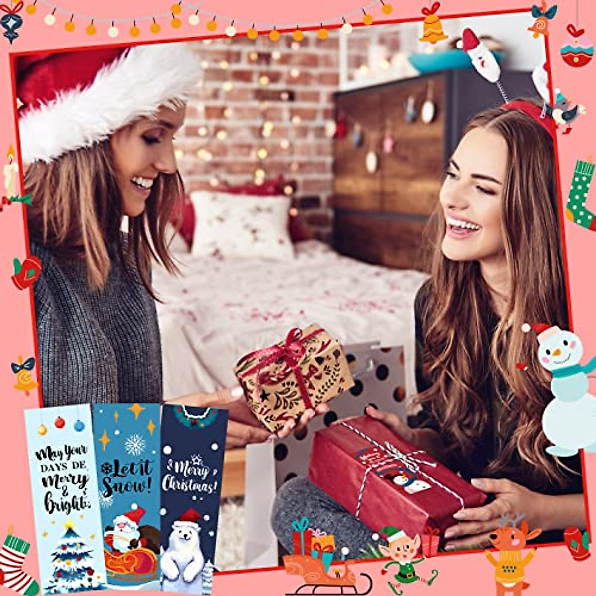 YoeeJob 120pcs Christmas Bookmarks Bulk for Women/Men/Kids, Xmas Tree Snowman Santa Reindeer Claus Bookmark for Book Lovers, Christmas Gift for Students, Holiday Party Favors