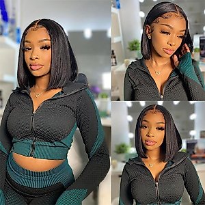 Sogram Bob Wig Human Hair Straight 12 Inch 13x4 Lace Front Wigs Human Hair 180% Density Pre Plucked with Baby Hair Short Bob Transparent Lace Frontal Wigs for Black Women