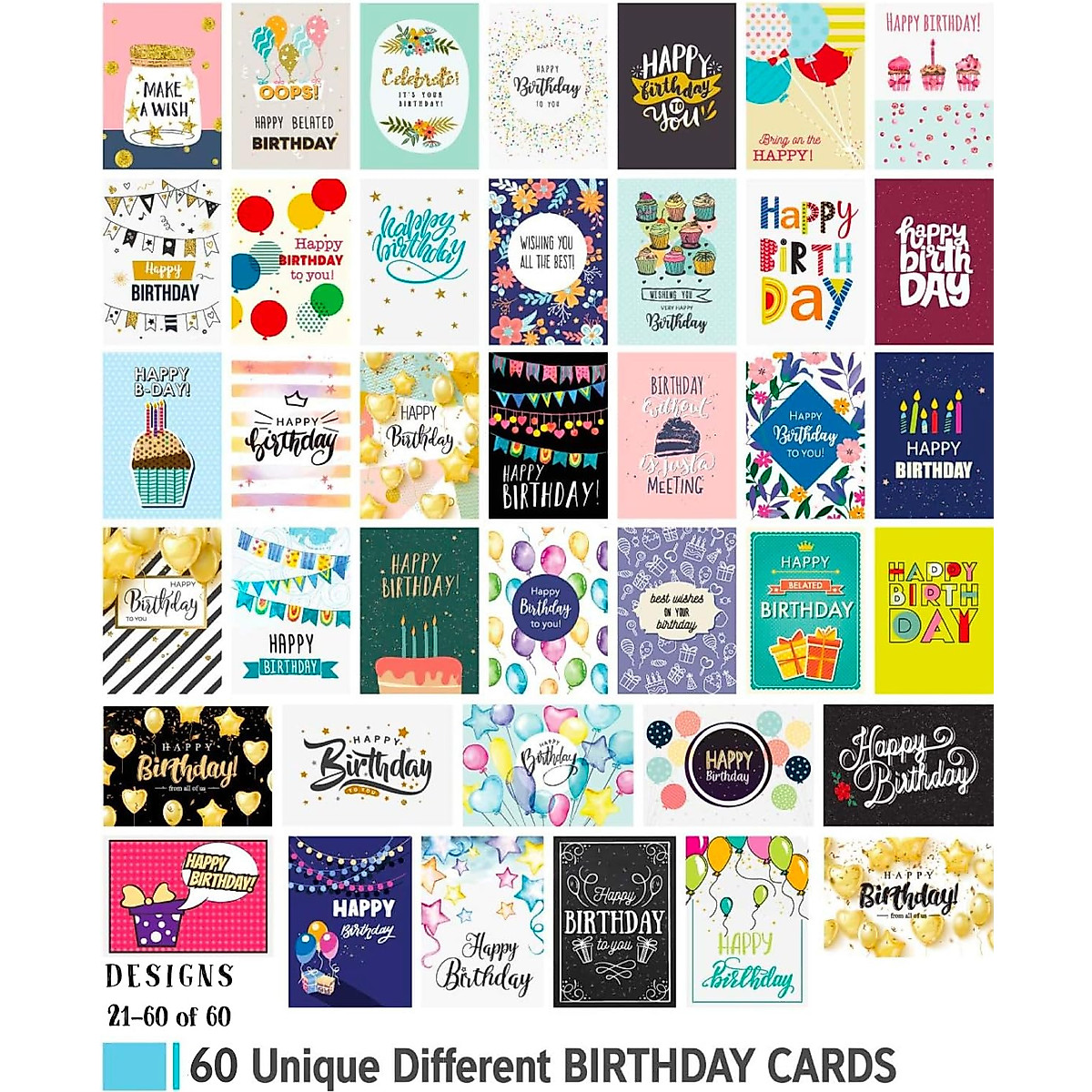 60 Happy Birthday Cards Assortment - Bday Cards in Bulk - 5x7 Assorted Variety Box Set Pack Unique Designs with Envelopes - Birthday Card for Men Women Kids - for Office - Greeting Message Inside