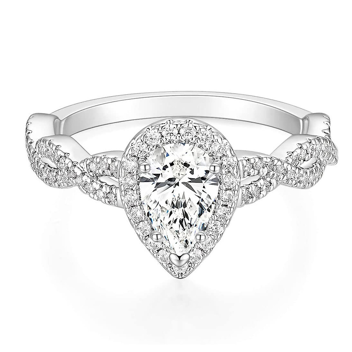 TIGRADE 1.5CT Engagement Ring for Women Teardrop Cubic Zirconia Wedding Band Halo Twisted Pear CZ Promise Anniversary Ring Size 3-12, Silver, Size 3