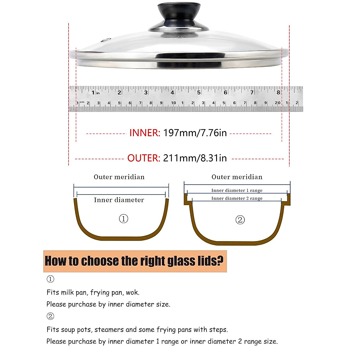 MY MIRONEY 8" Glass Lid for Pots with 2PCS Silicone Dish Scrubbers(Color Random), Clear Tempered Glass Round Lid Cover with Plastic Heat Resistant Handle for Frying Pan, Skillet, Cookwa