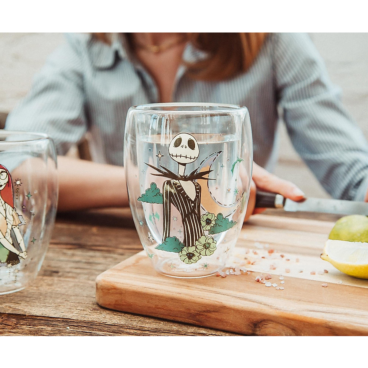 Disney The Nightmare Before Christmas Jack and Sally Stemless Wine Glasses, Set of 2