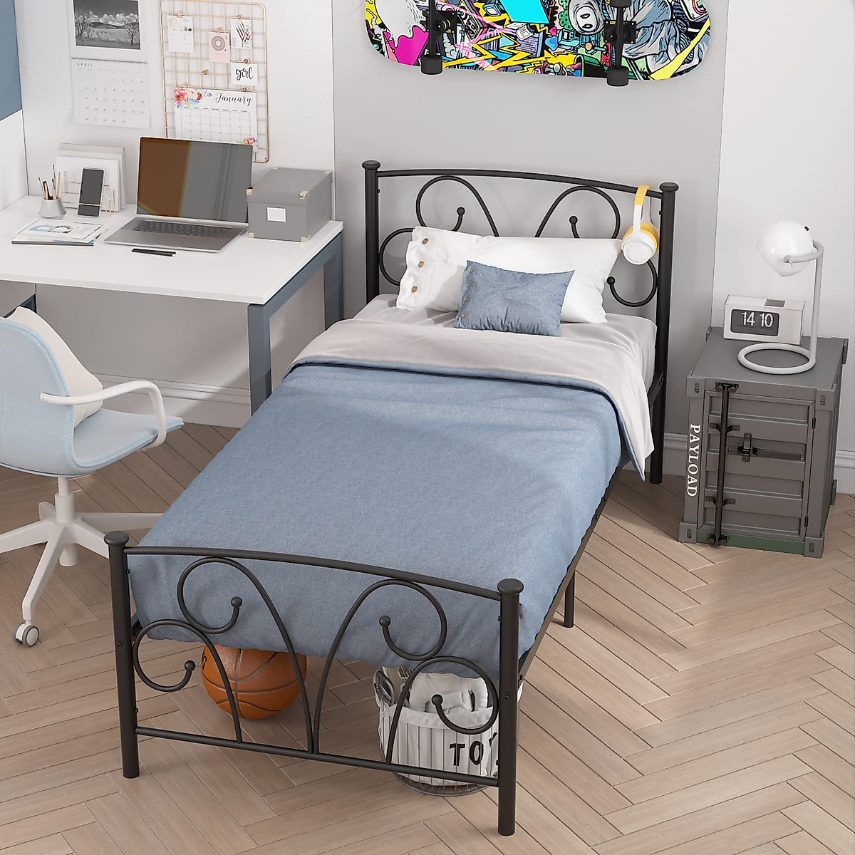 Timy Kids Twin Bed Frame with Headboard and Footboard, Metal Platform Bed Frame with 12 Inch Storage Space for Boys Girls Teens Adults, No Box Spring Needed, Black