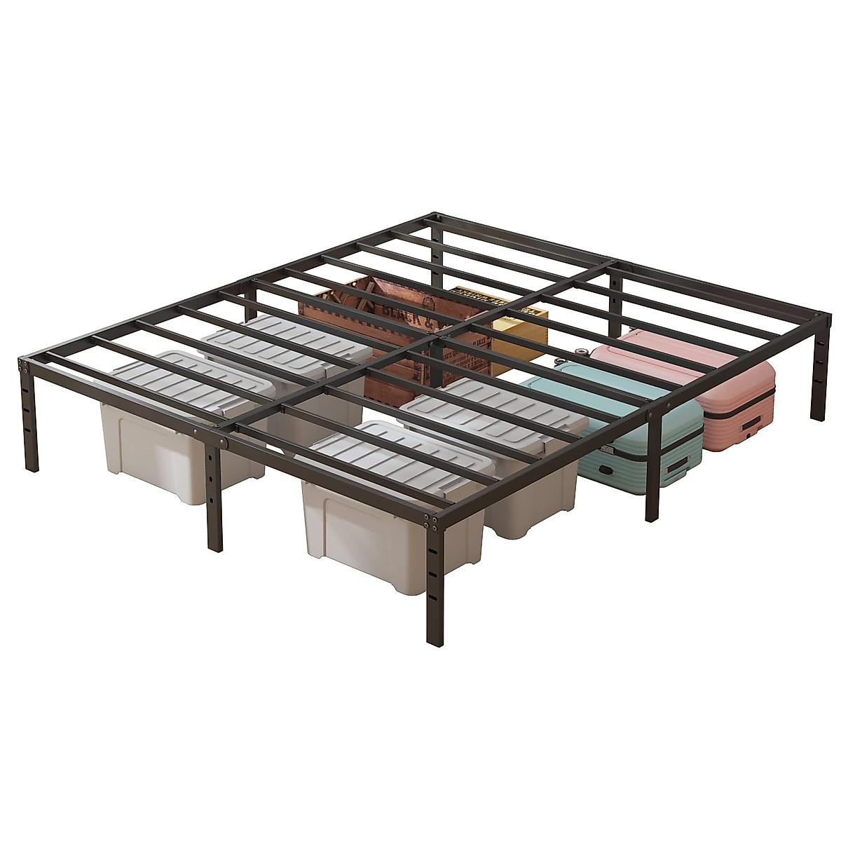 HOBINCHE 18 Inch Metal Bed Frame Queen Size No Box Spring Needed - Easy Assembly Heavy Duty Noise Free Narrow Bedframes - Double Black Basic Steel Slats Platform with Storage