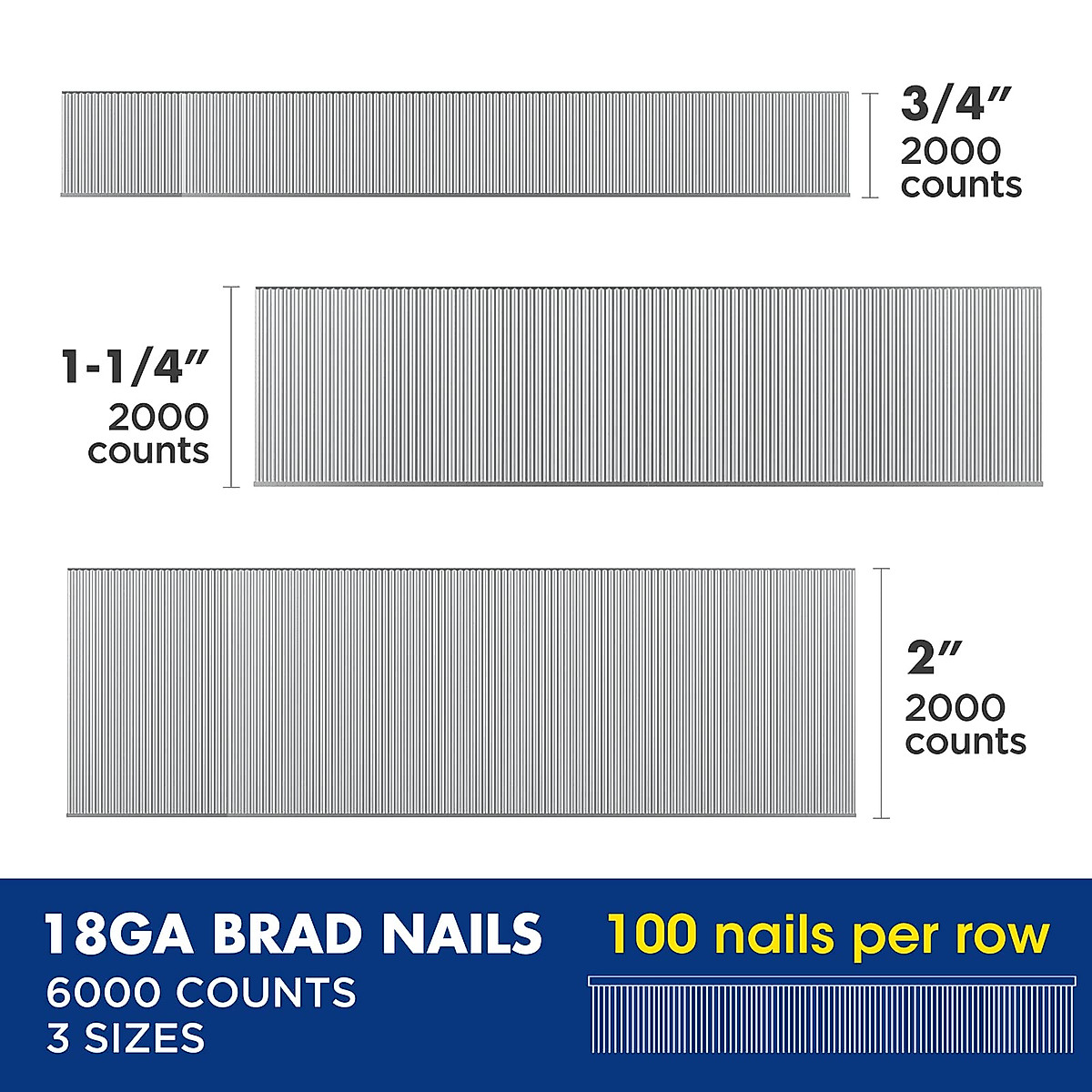 WORKPRO 18 Gauge Brad Nails, 2'',1-1/4'', 3/4'' 6000 Count Universal Brad Nails for Pneumatic, Electric Brad Nailer