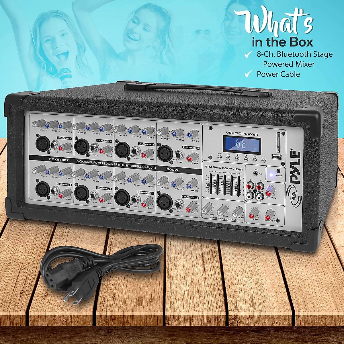 Pyle 8-Ch. Bluetooth Stage Powered Mixer - 800W Pro Audio Sound Mixer, MP3/USB/SD Readers, Aux(3.5mm) Input, RCA & 1/4'' Effects Loop Connectors, Digital LCD Display, Built-in Cooling Fan - PMX840BT