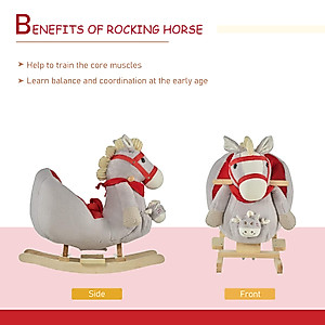 Qaba Kids Ride-On Rocking Horse Toy, Rocker with Lullaby Song, Hand Puppets & Soft Plush Fabric for Children 18-36 Months, Gray
