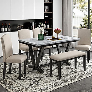 6 Piece Dining Table Set, Modern Style 6-Person Dining Table with 4 Upholstered Chairs & a Bench, Wood Kitchen Table Set for 6 Persons, White +Black