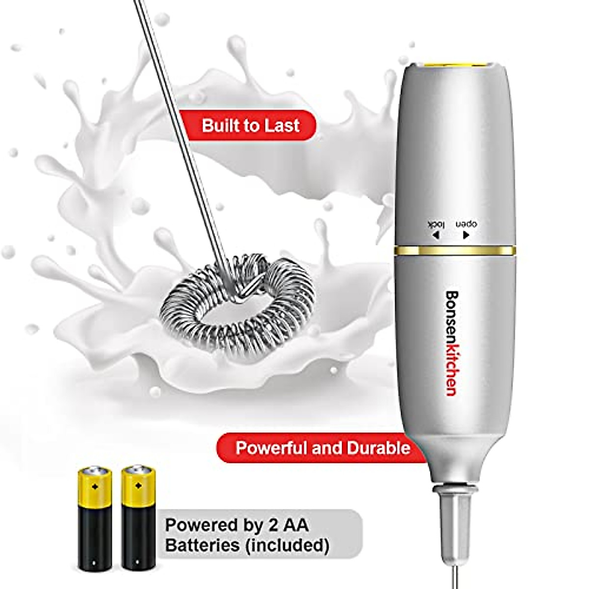 Bonsenkitchen Electric Milk Frother Handheld, Portable Whisk Milk Foam Maker with Stainless Steel Stand, Battery Operated Drink Hand Mixer for Coffee, Matcha, Electric Stirrer Coffee Mixer Wand