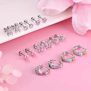 Jstyle 8 Pairs Hypoallergenic Screw Back Earrings for Girls Women 316L Stainless Steel Heart CZ Flower Butterfly Screwback Stud Earrings Cute Hoop Earring Set-Butterfly Style
