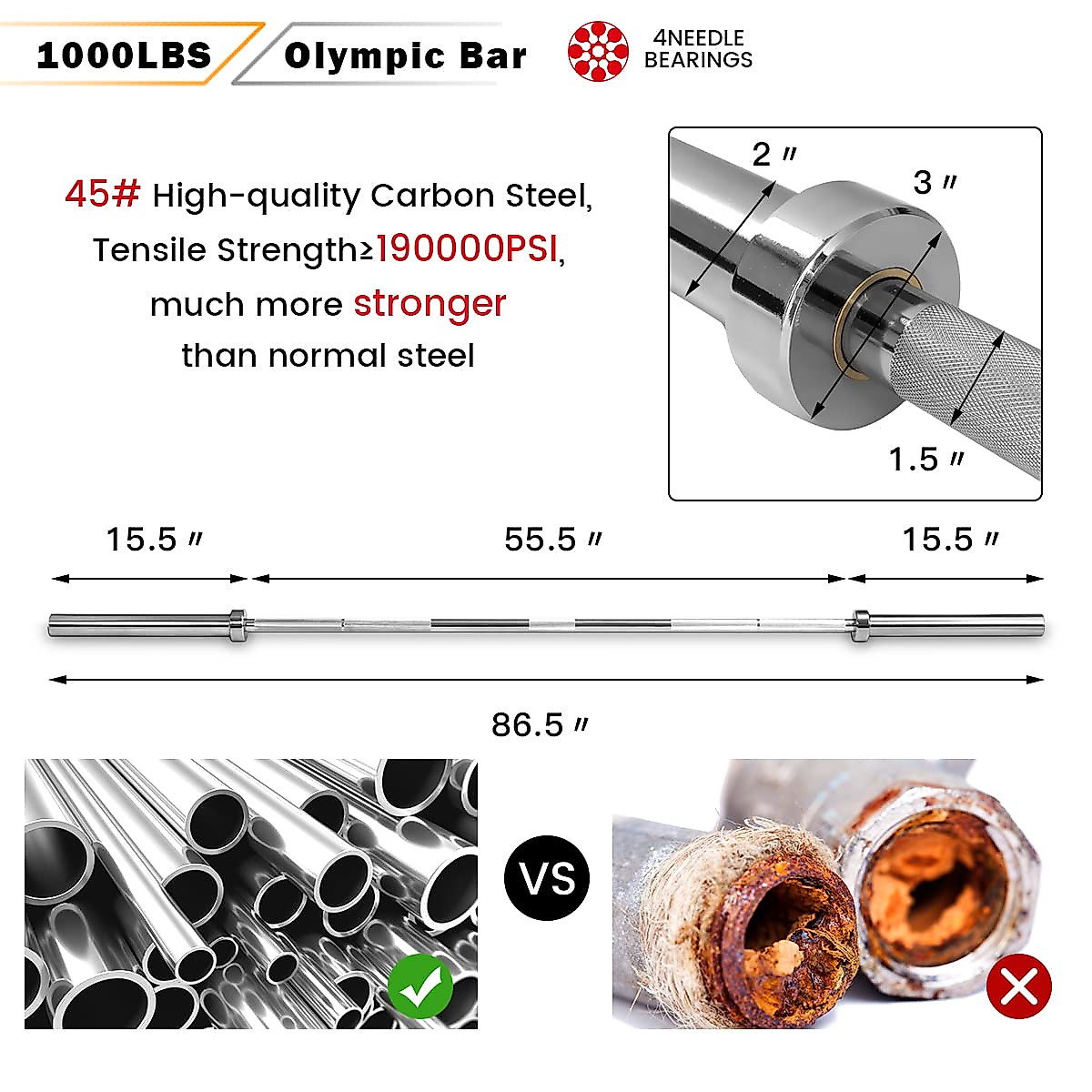 Goplus 7 Feet Olympic Bar, 700/1000LBS Weight Bar Solid 2" Olympic Plates Olympic Barbell Multipurpose Olympic Plates, for Workout Gym Home Exercises Weight Lifting